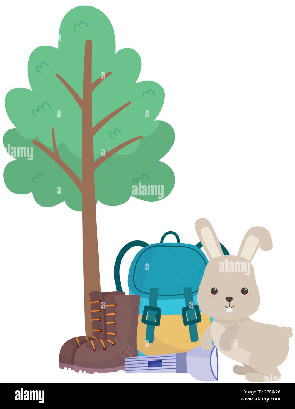 camping cute rabbit backpack flashlight boots tree vector illustration ...