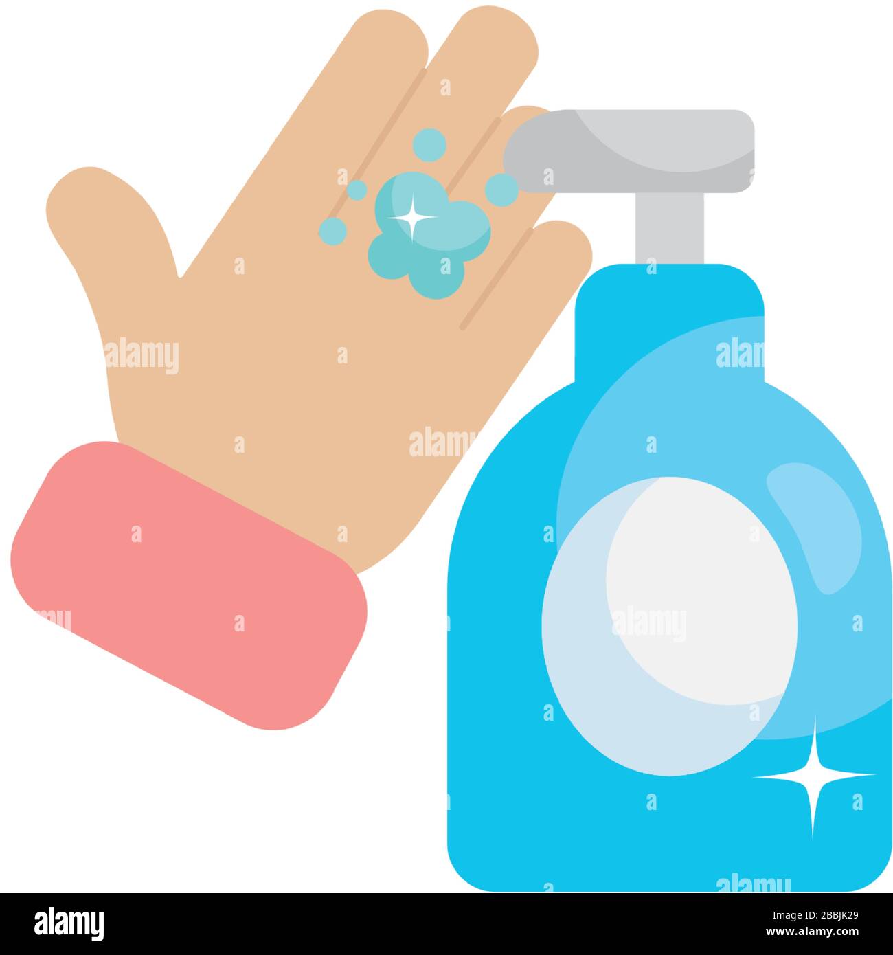 hand and antibacterial gel bottle icon over white background, flat ...