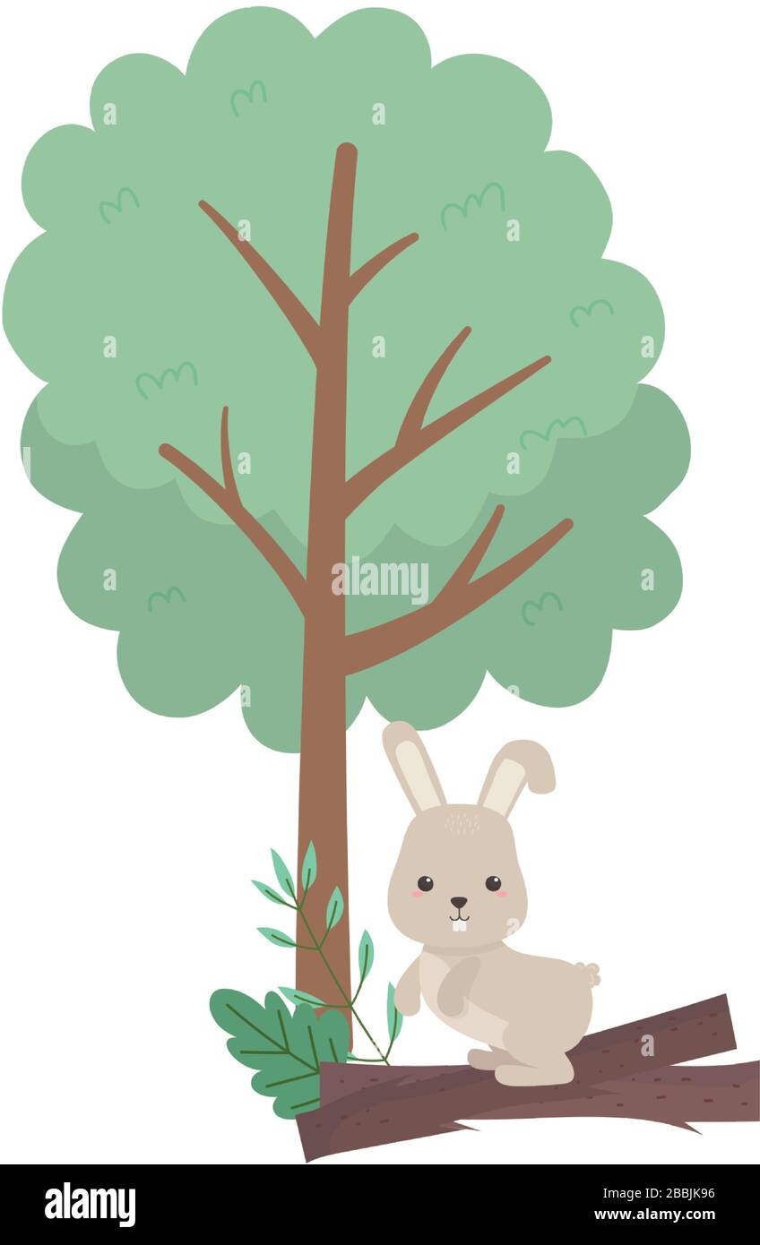 camping cute rabbit trunk tree foliage sun cloud cartoon vector ...