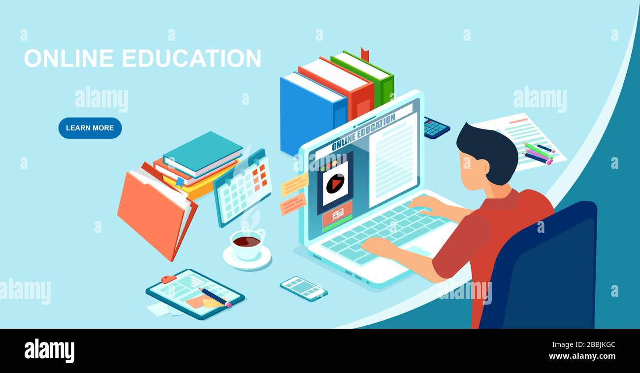 Vector of a male student studying at home using laptop computer Stock ...