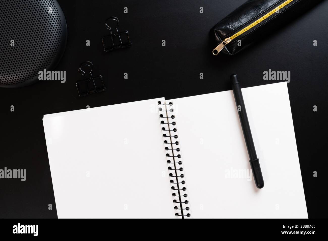 Black style set: notepad, pen and paper clips on Black background Stock ...