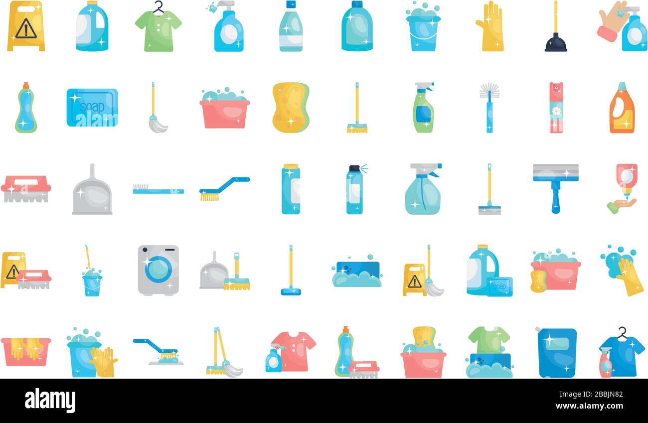 disinfection products and cleaning elements icon set over white ...