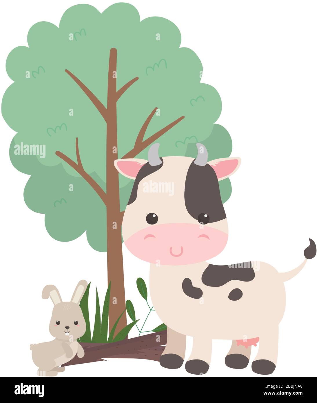 camping cute cow and rabbit tree forest nature cartoon vector ...