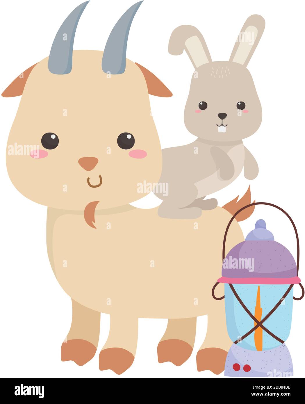 camping cute goat and rabbit with lantern cartoon vector illustration ...