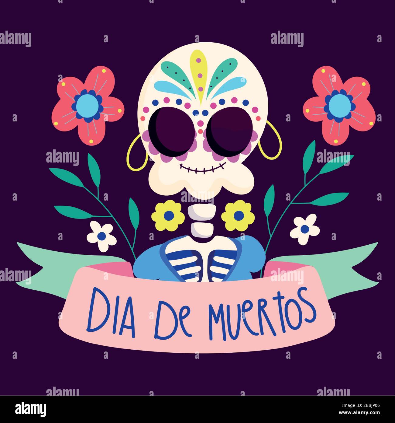 day of the dead, female skeleton with earrings flowers ribbon ...