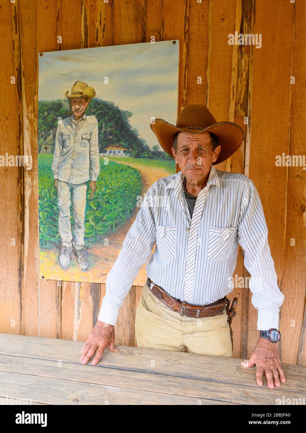 Farm worker with portrait of himself, at organic farm, Vinales, Pinar ...