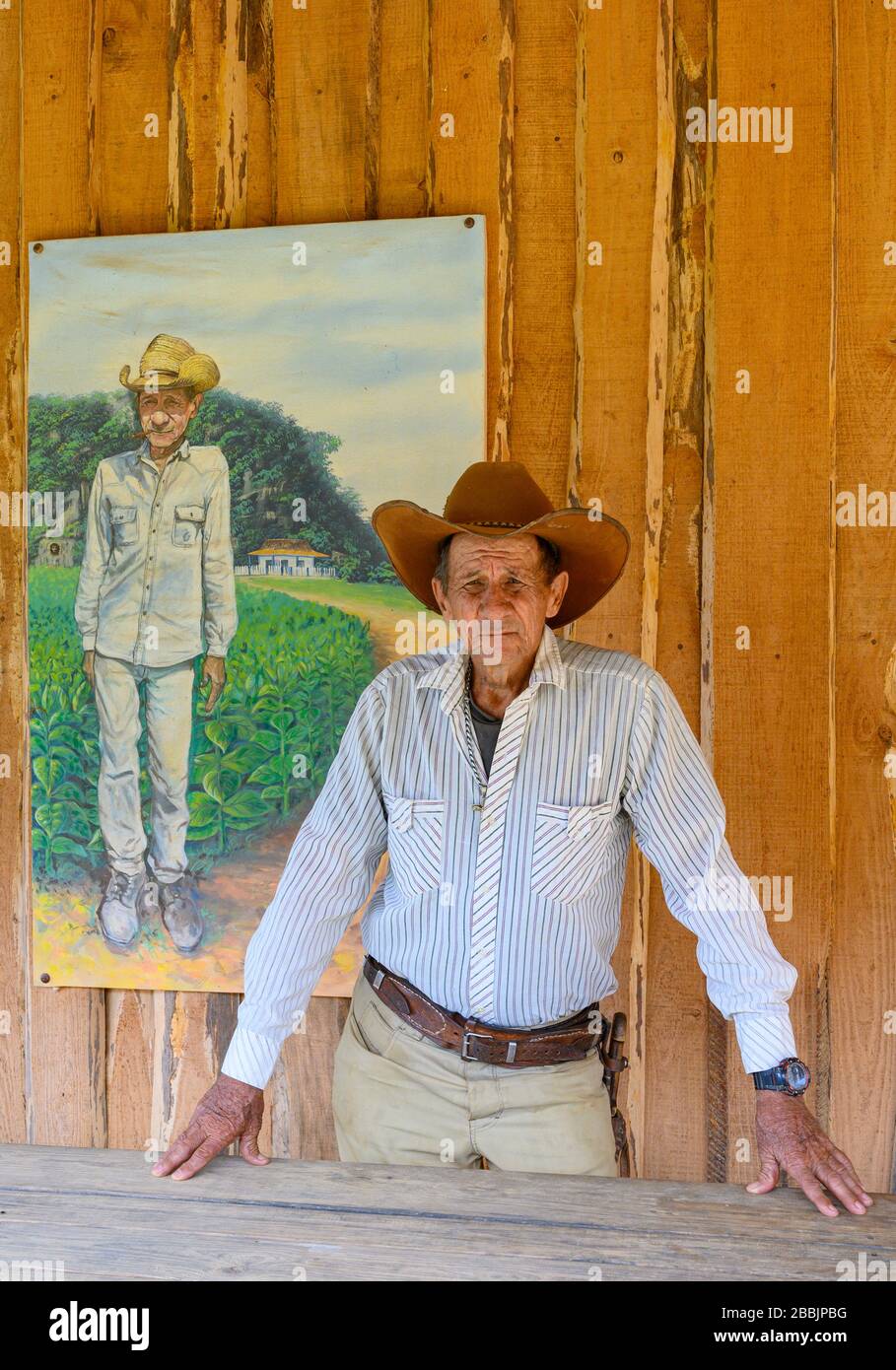 Farm worker with portrait of himself, at organic farm, Vinales, Pinar ...