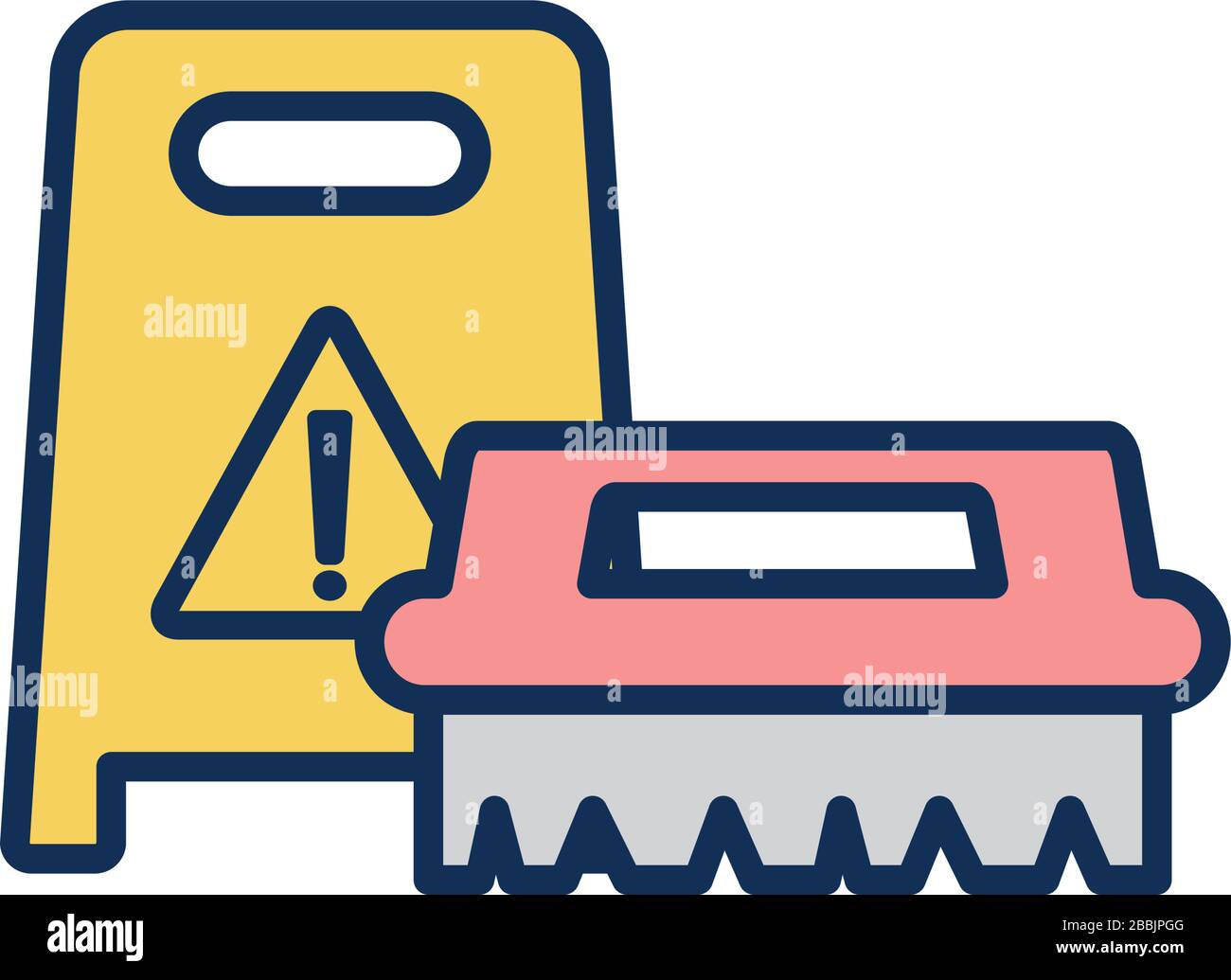 warning floor sign and cleaning brush icon over white background, line ...