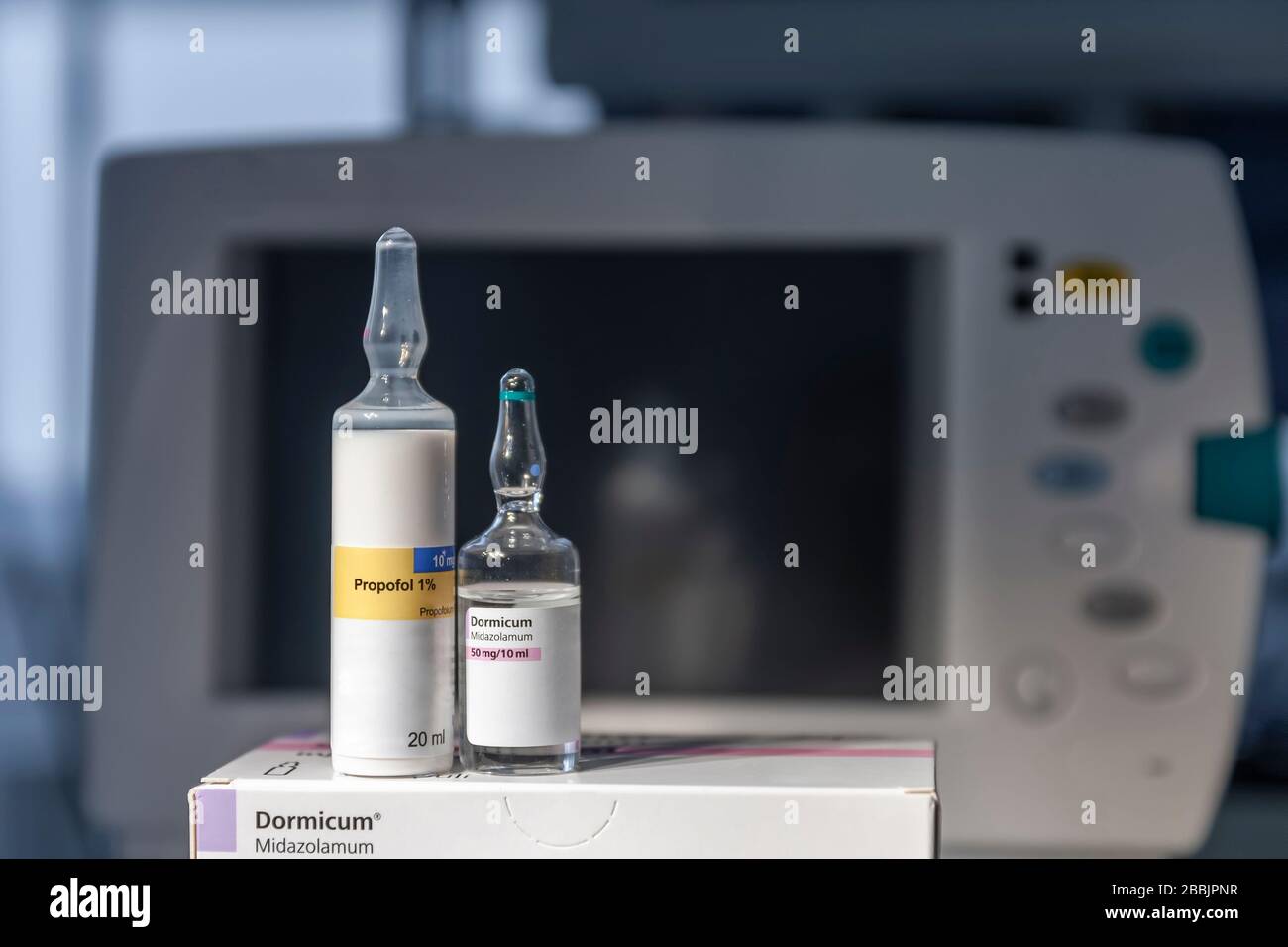 Vial of Propofol, and vial of Dormicum, injection drugs used in ...