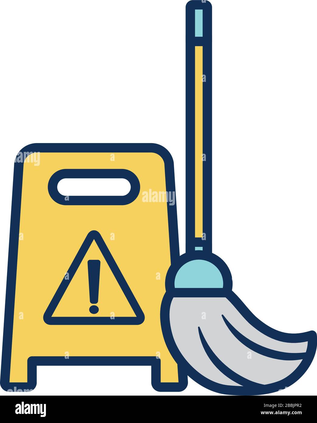 mop and warning floor sign icon over white background, line fill style ...