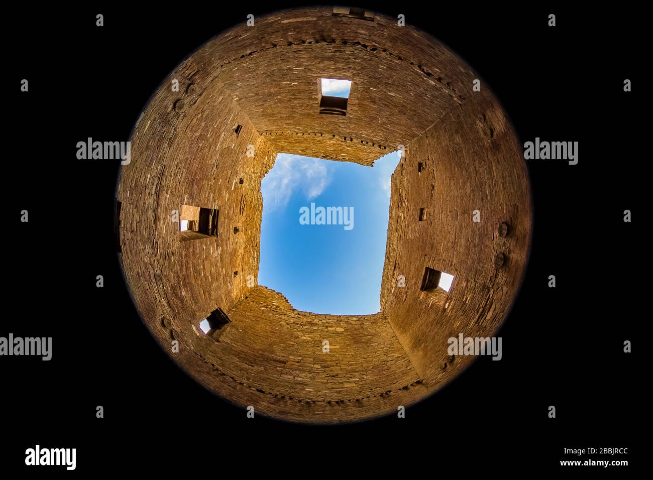 Fisheye lens view of masonry walls of buildings, consisting of ...