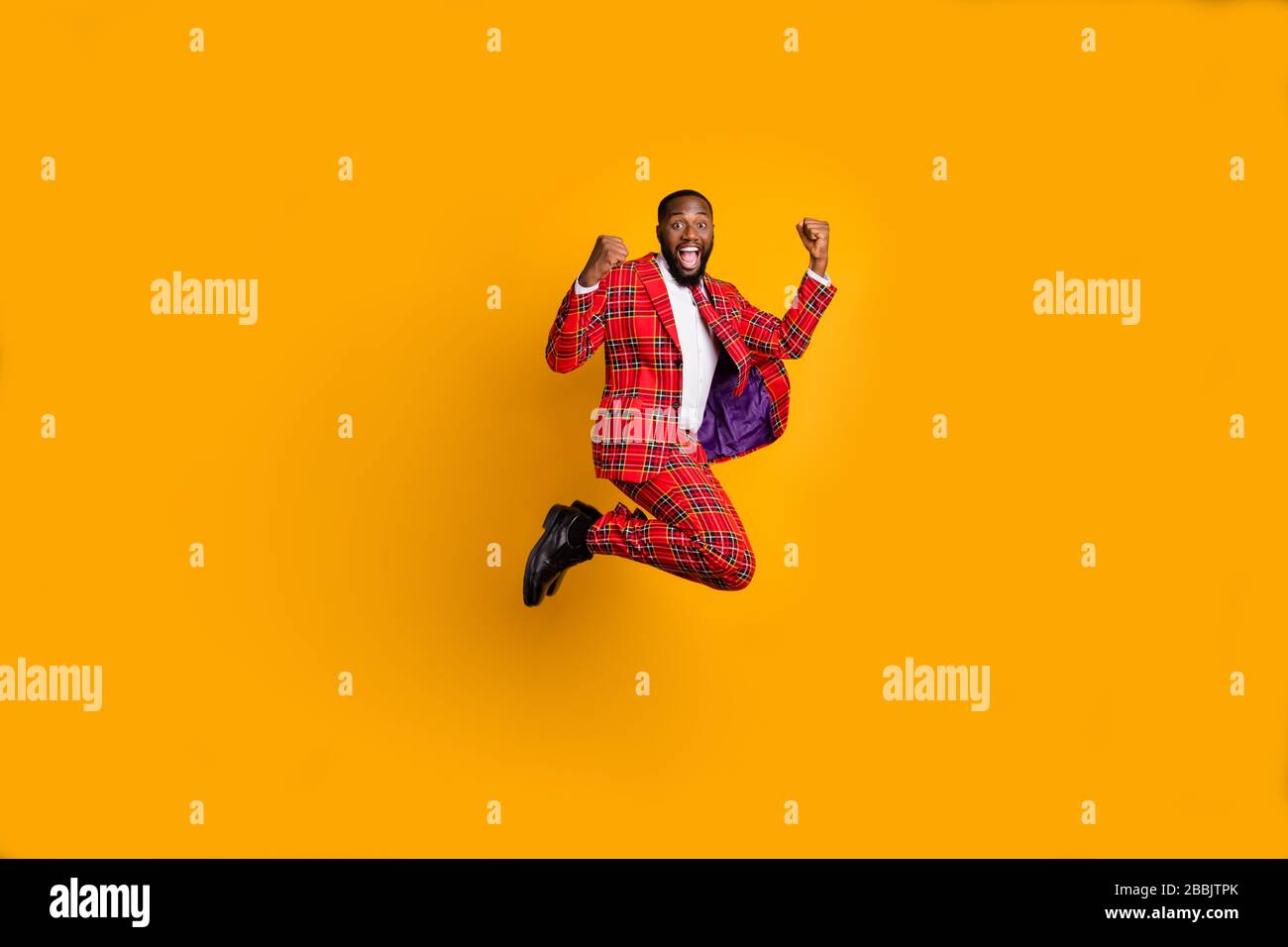 Full length profile photo of crazy dark skin guy jump high up celebrate ...