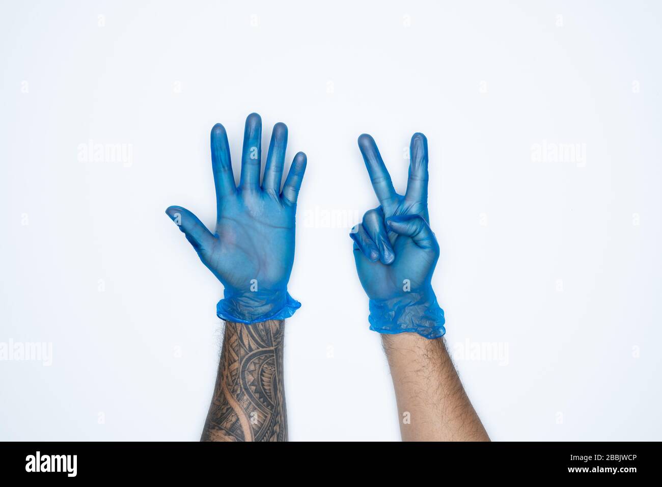 A man hand and gestures in Blue rubber glove shows seven finger sign ...