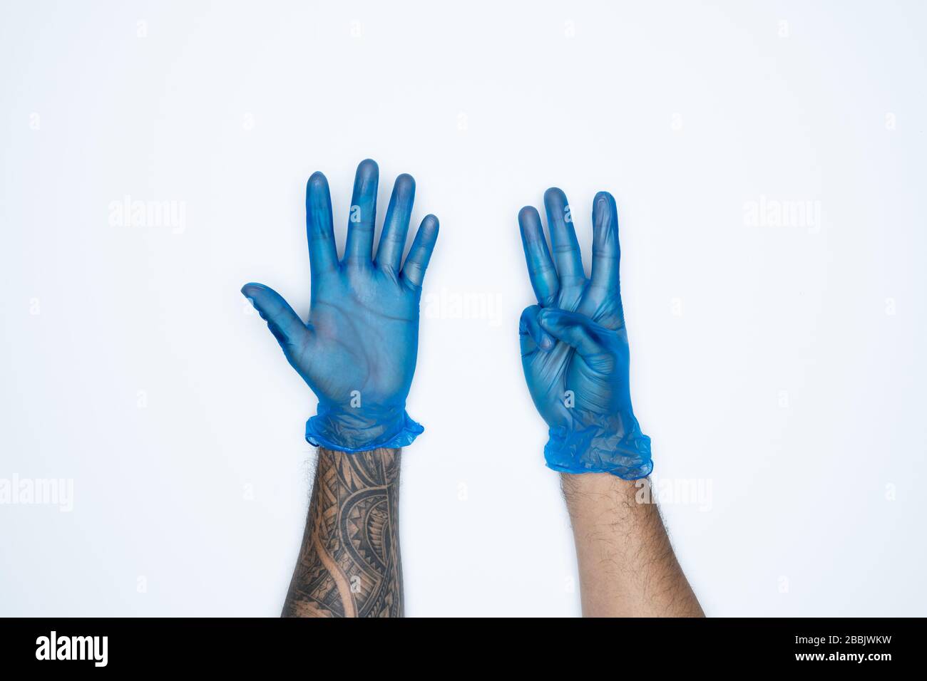 A man hand and gestures in Blue rubber glove shows eight finger sign ...
