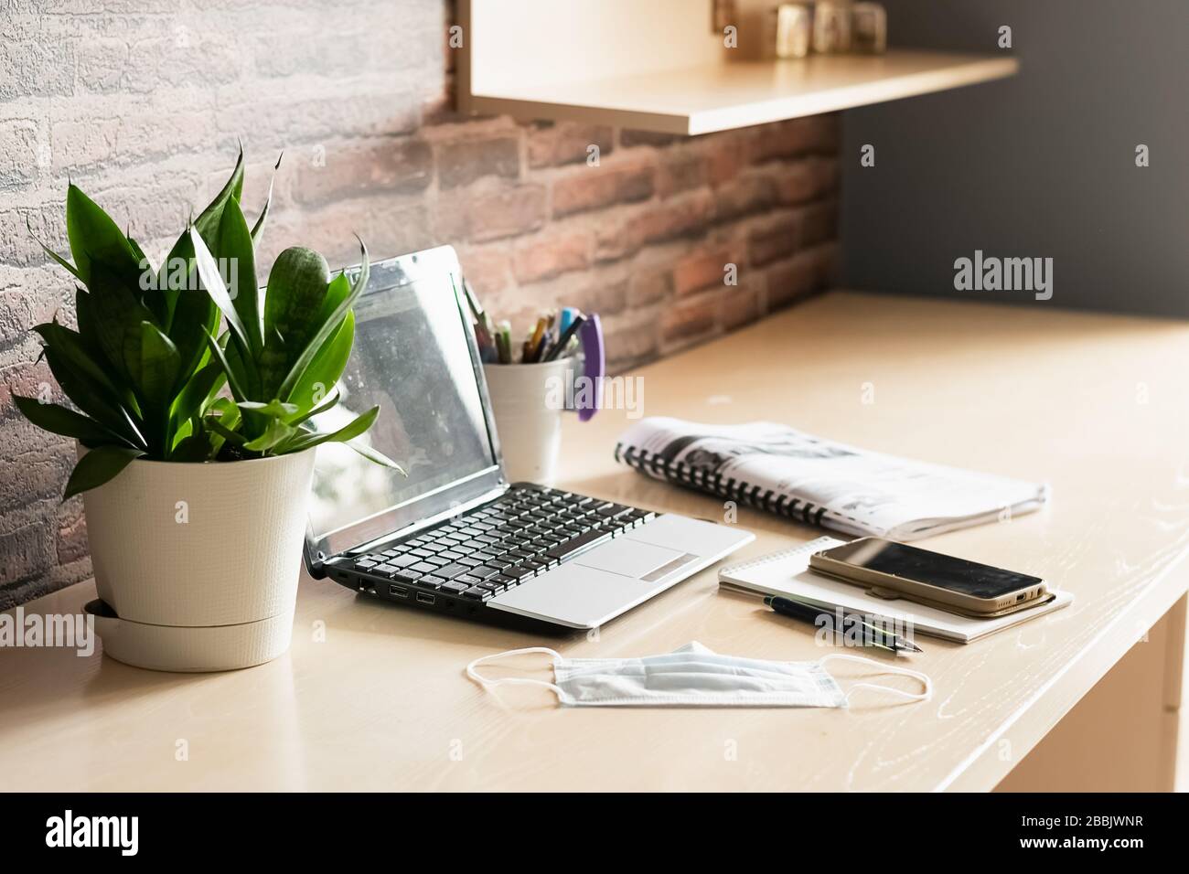 The concept remote online learning work self-isolation. Workplace ...