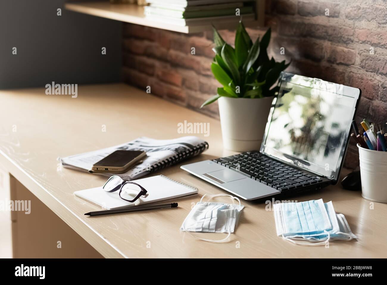 The concept remote online learning work self-isolation. Workplace ...