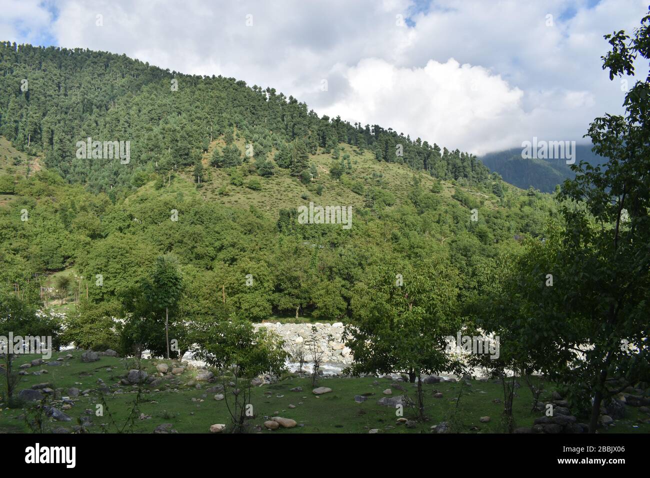 Beautiful shot of a landscape out side a village with lush green trees ...