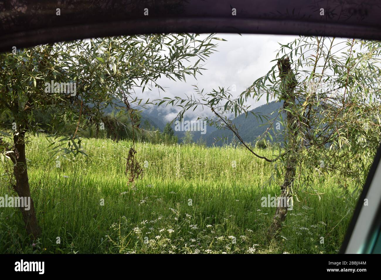 Beautiful shot of a landscape out side a village with lush green trees ...