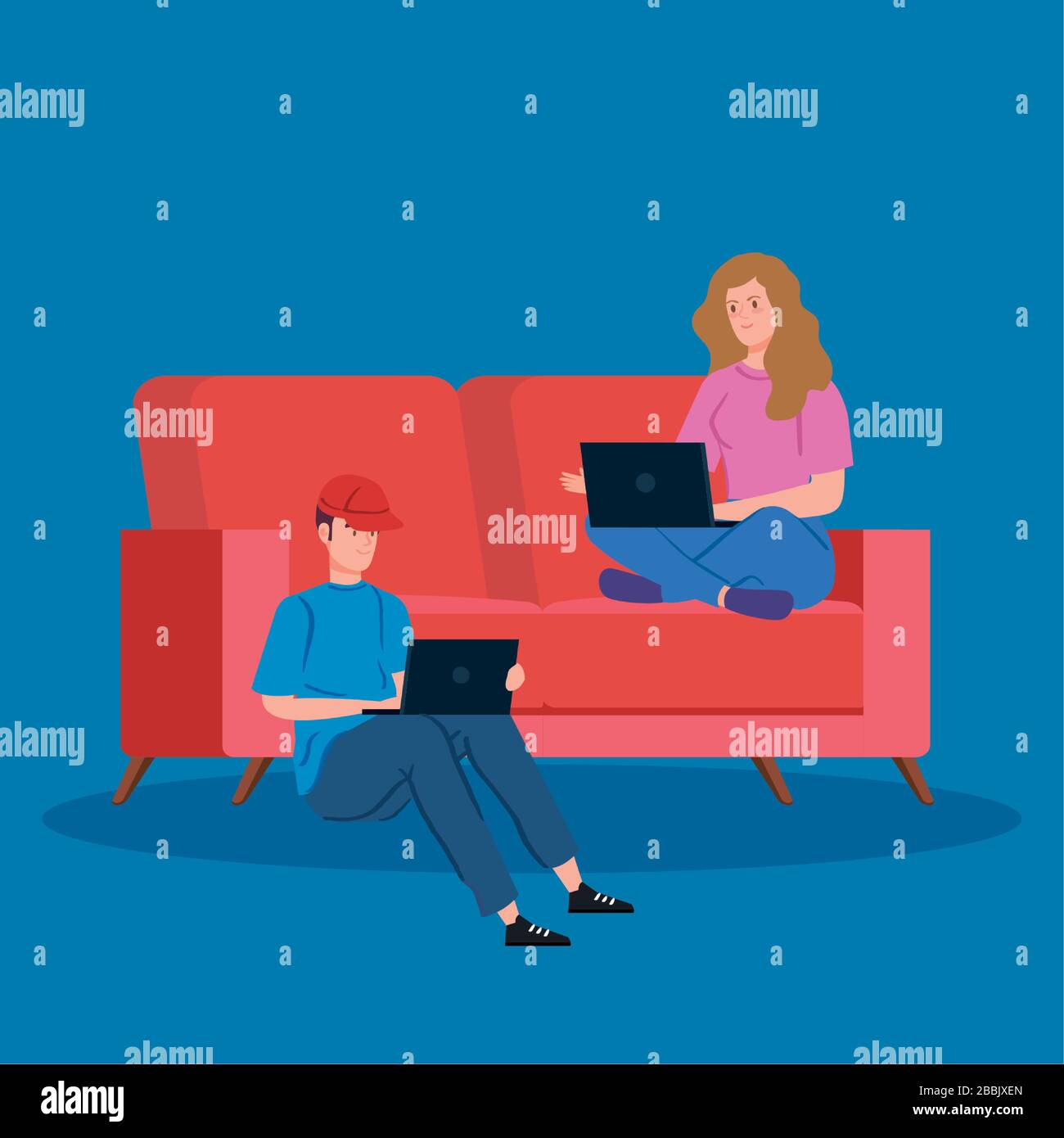 couple working in telecommuting sitting in couch Stock Vector Image ...