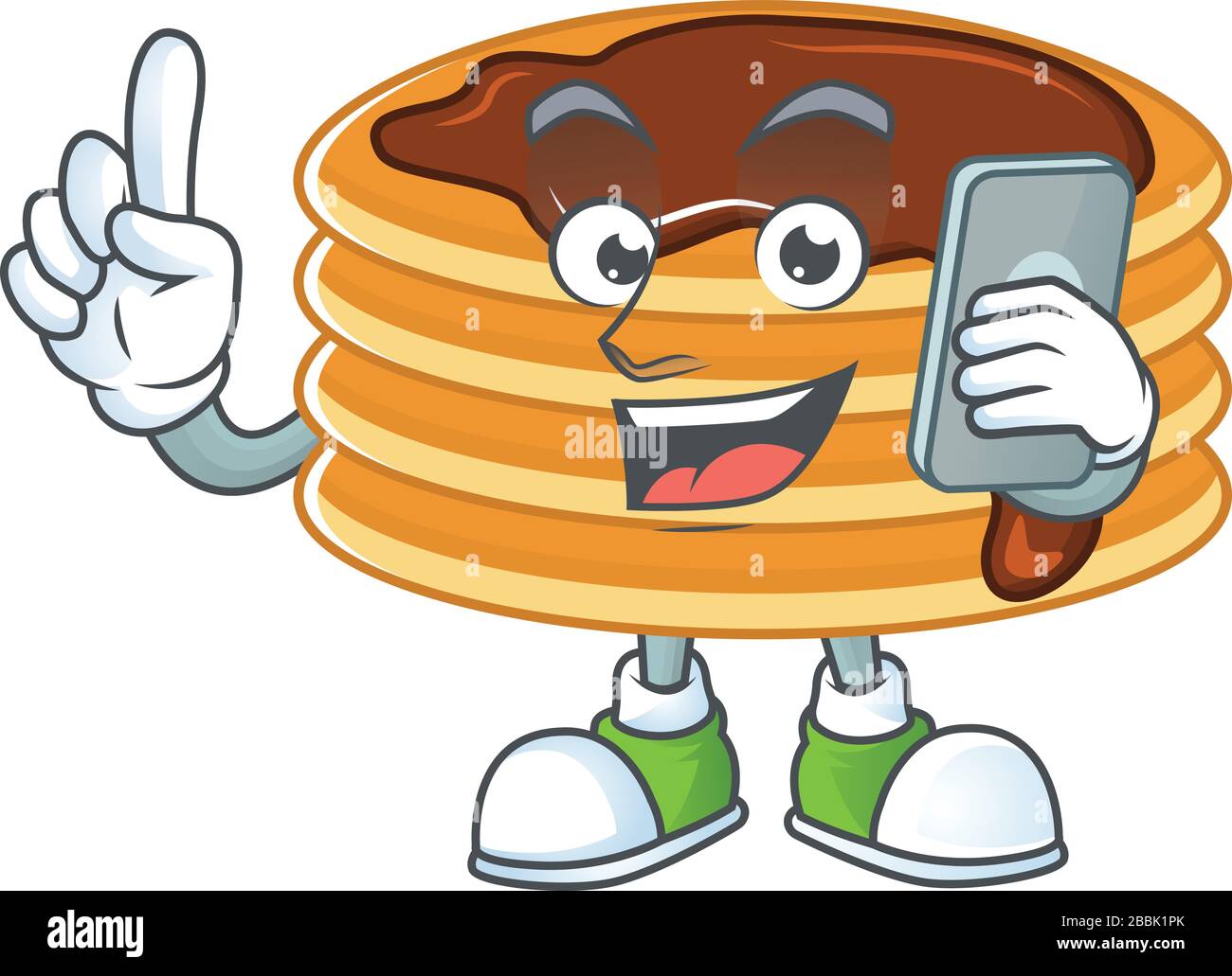 Cartoon design concept of chocolate cream pancake talking on phone ...