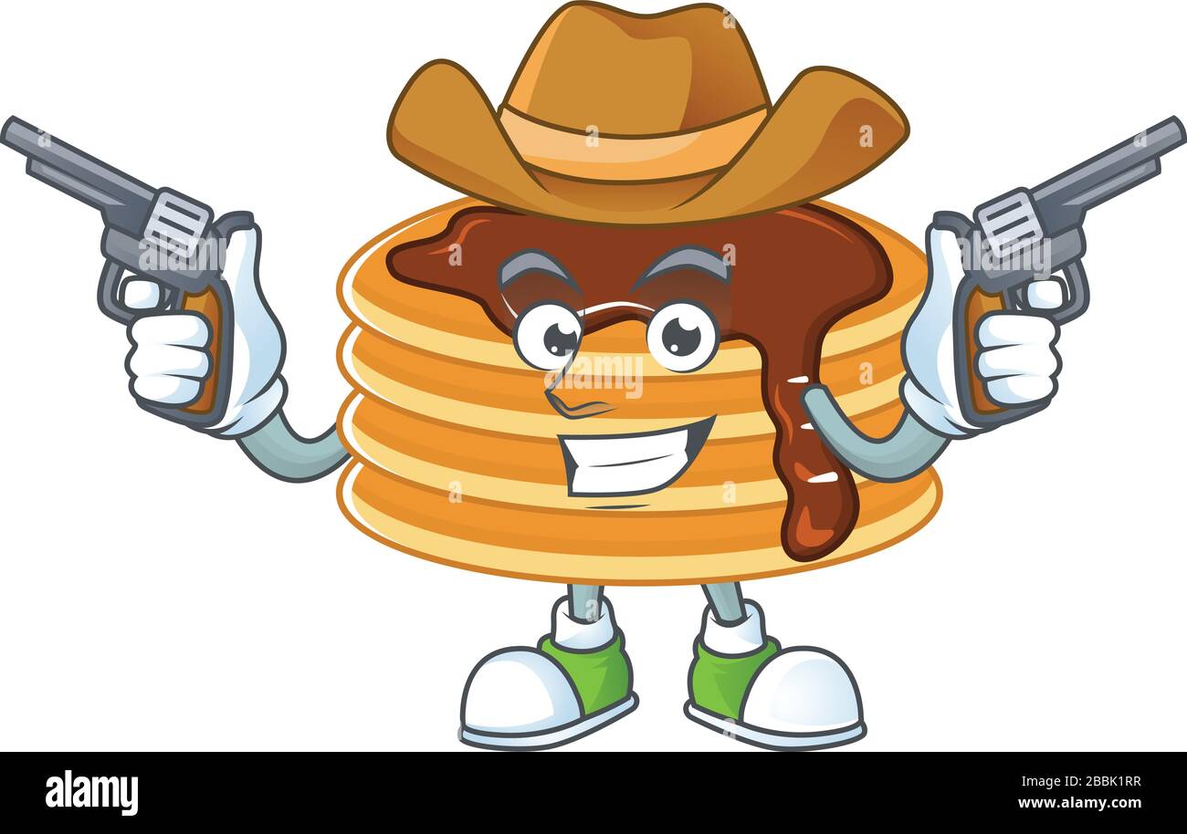 A cowboy cartoon character of chocolate cream pancake holding guns ...