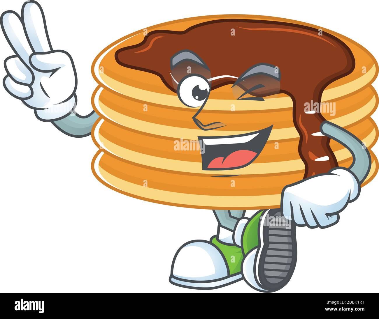 Cheerful chocolate cream pancake mascot design with two fingers Stock ...