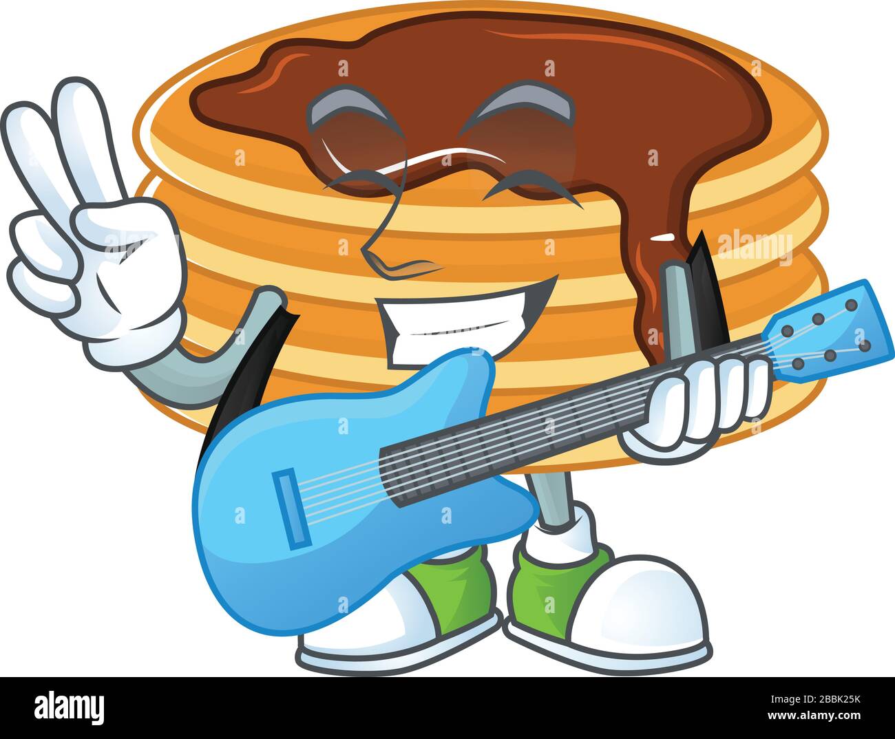 Happy face of chocolate cream pancake cartoon plays music with a guitar ...