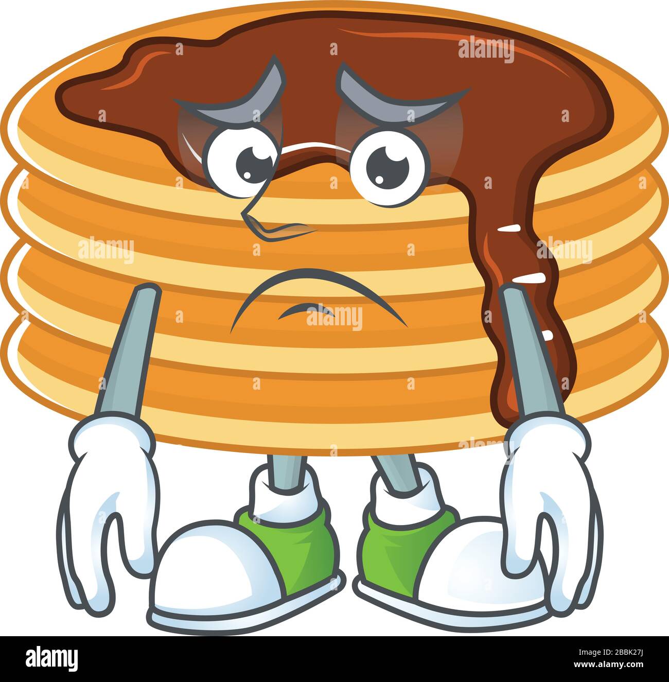 Cartoon picture of chocolate cream pancake with worried face Stock ...