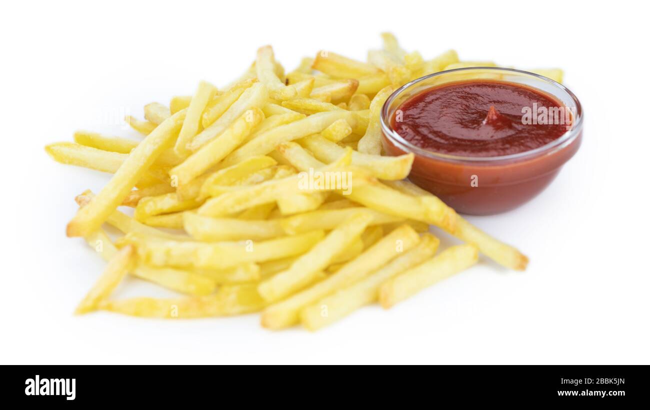 Portion of French Fries isolated on white background (close-up shot ...
