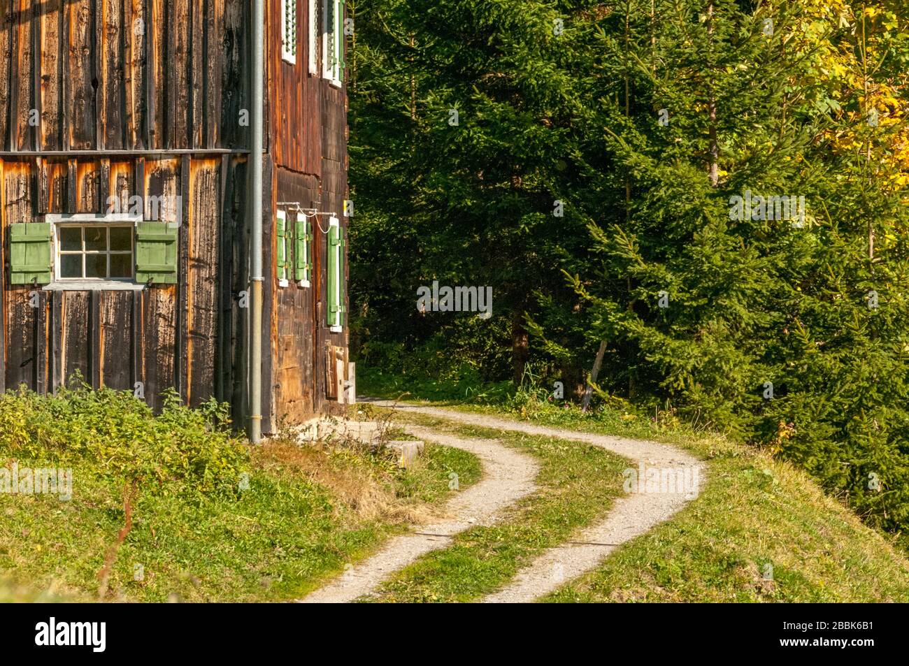 Typical old wooden farmhouse on hillside landscape in austrian Montafon ...