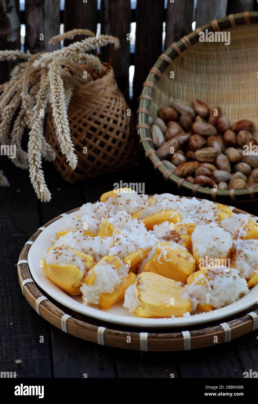 Close up plate of sticky jackfruit for breakfast from high view ...