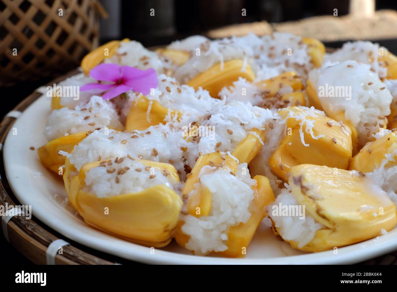 Close up plate of sticky jackfruit for breakfast from high view ...