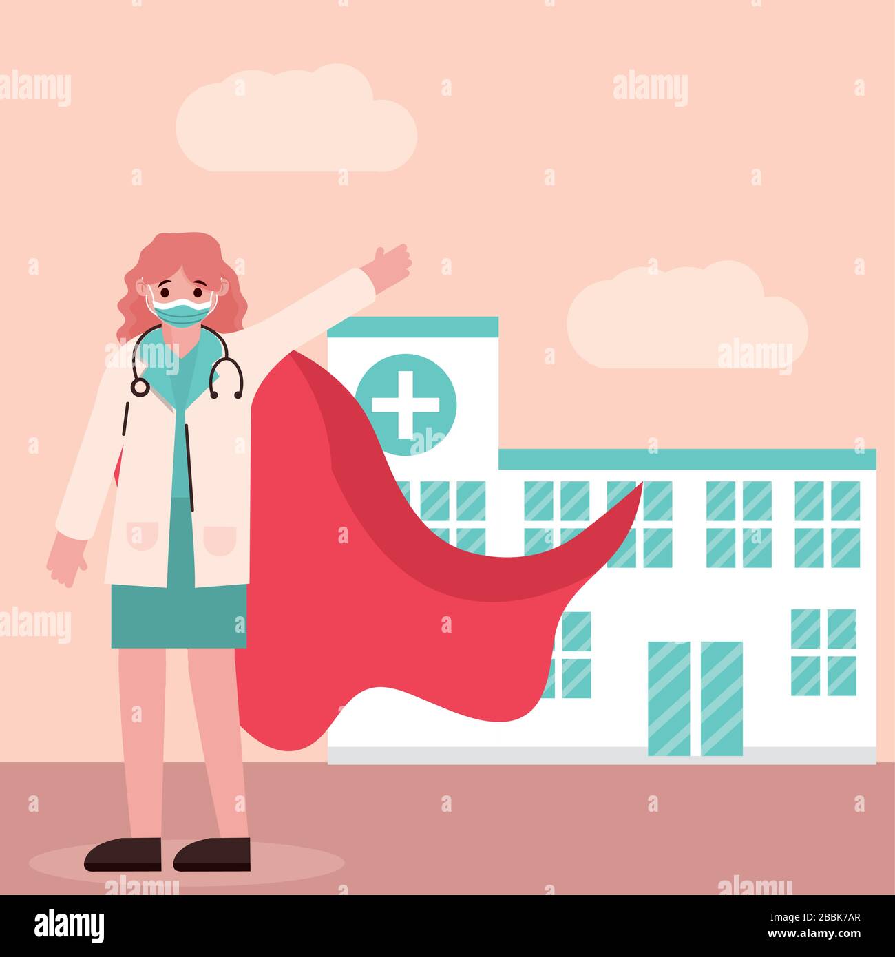 doctor hero, female physician with mask and cape hospital care vector ...