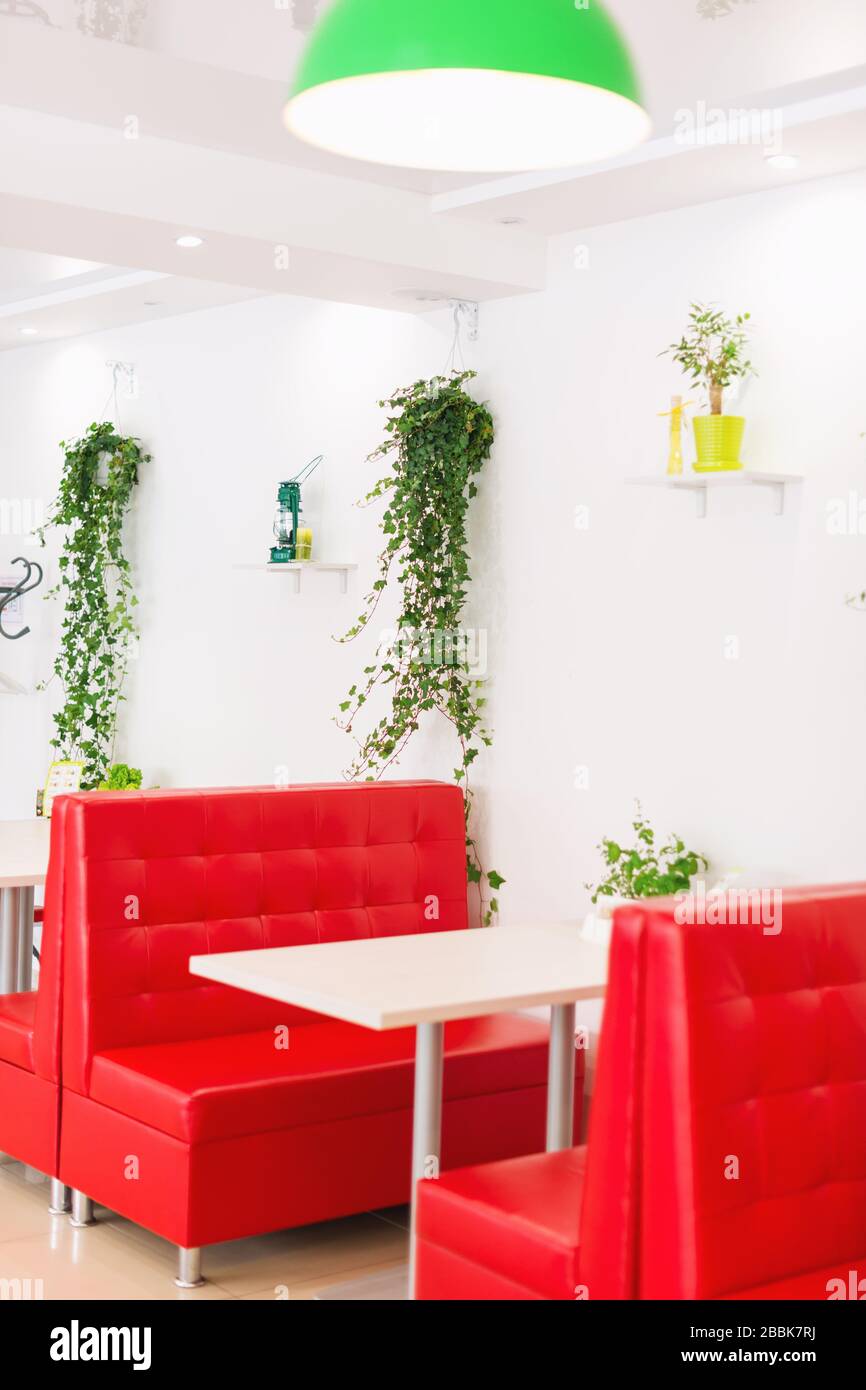 Modern design restaurant interior in white and red colors with plants ...