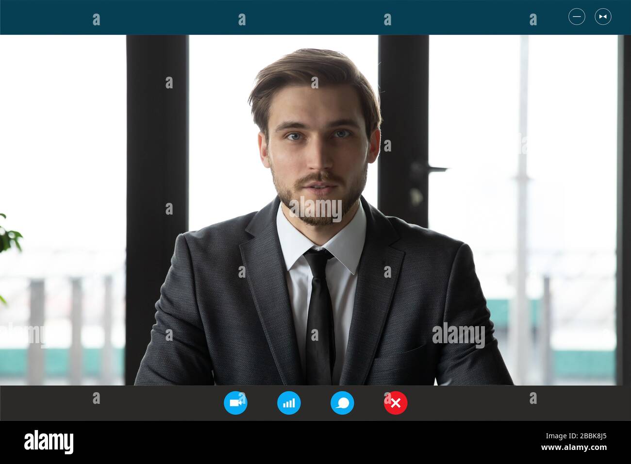 Headshot portrait screen application view of young businessman talk on ...