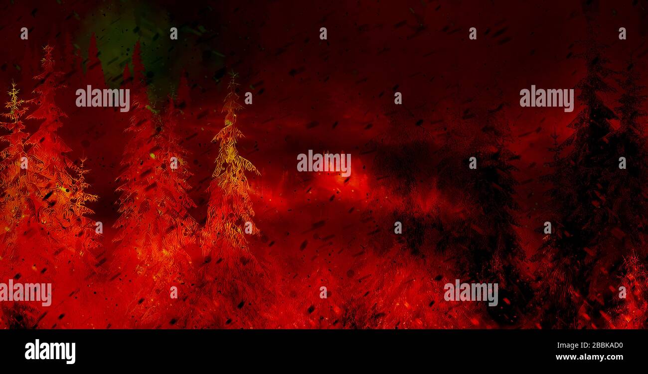 burning spruce forest and painting effect. ecology concept Stock Photo ...