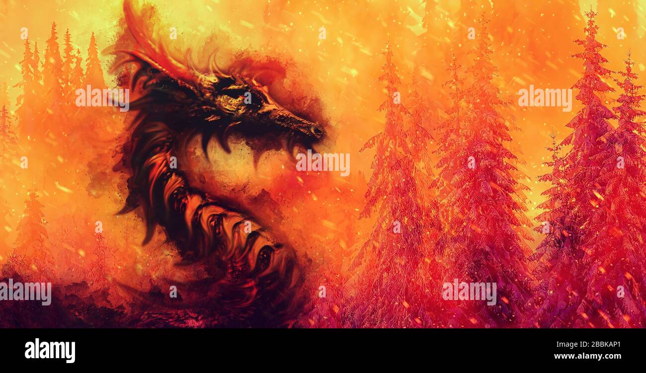 burning spruce forest ancient dragon, ecology concept Stock Photo - Alamy