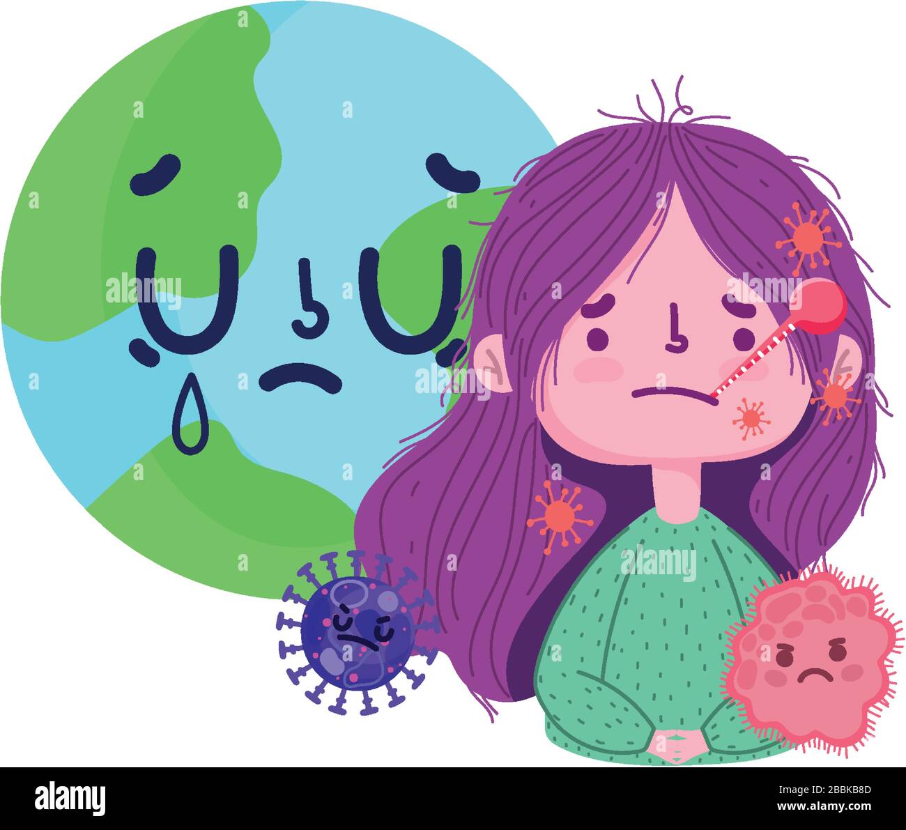 covid 19 coronavirus pandemic, sick girl with thermometer world crying ...