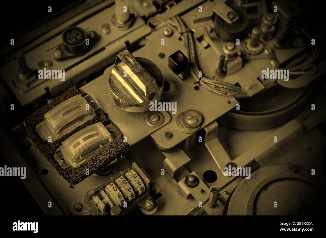 Old reel tape recorder. Detailed view of the internal structure of an ...