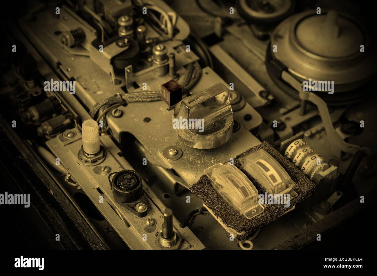 Old reel tape recorder. Detailed view of the internal structure of an ...