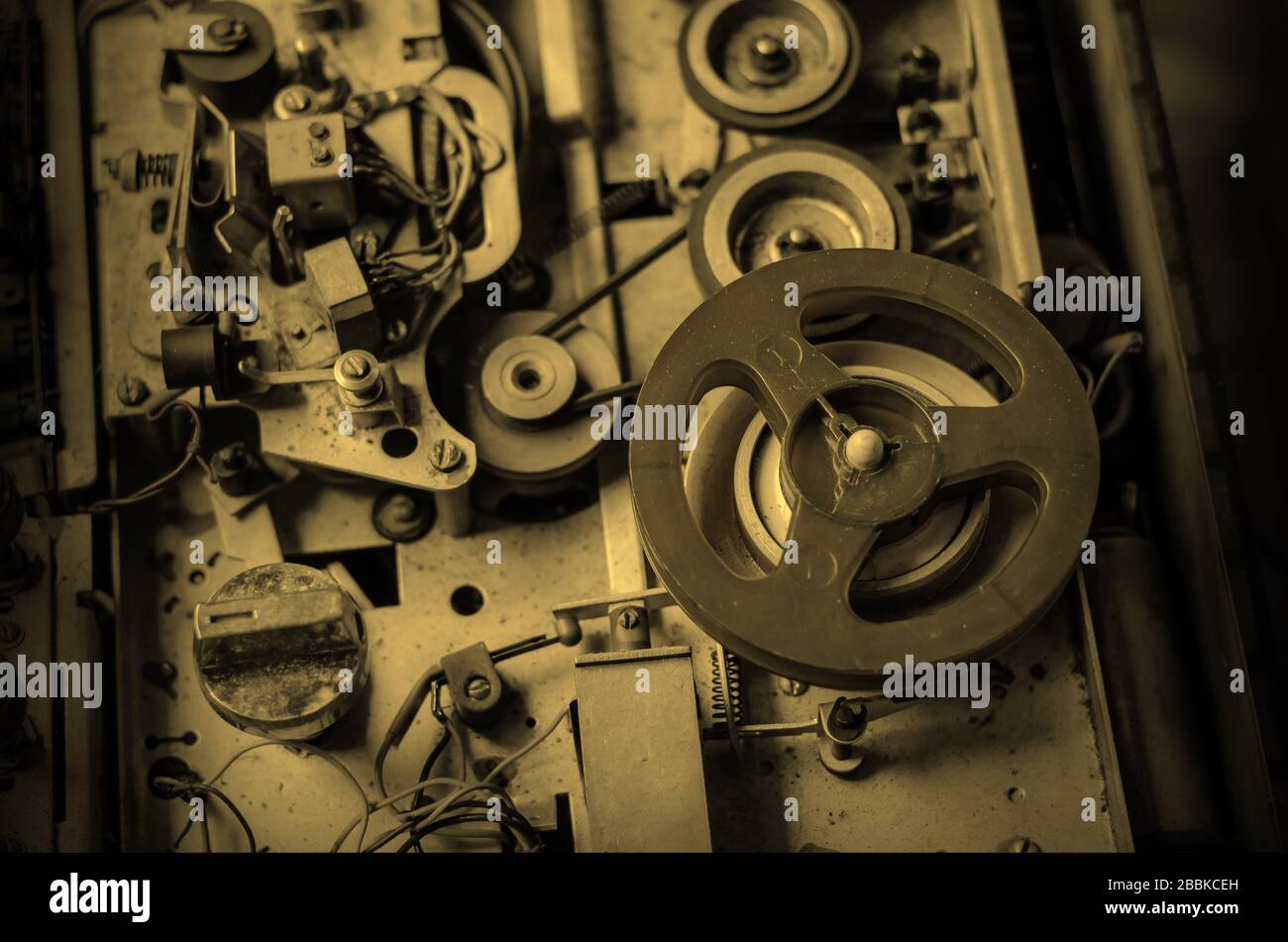 Old reel tape recorder. Detailed view of the internal structure of an ...