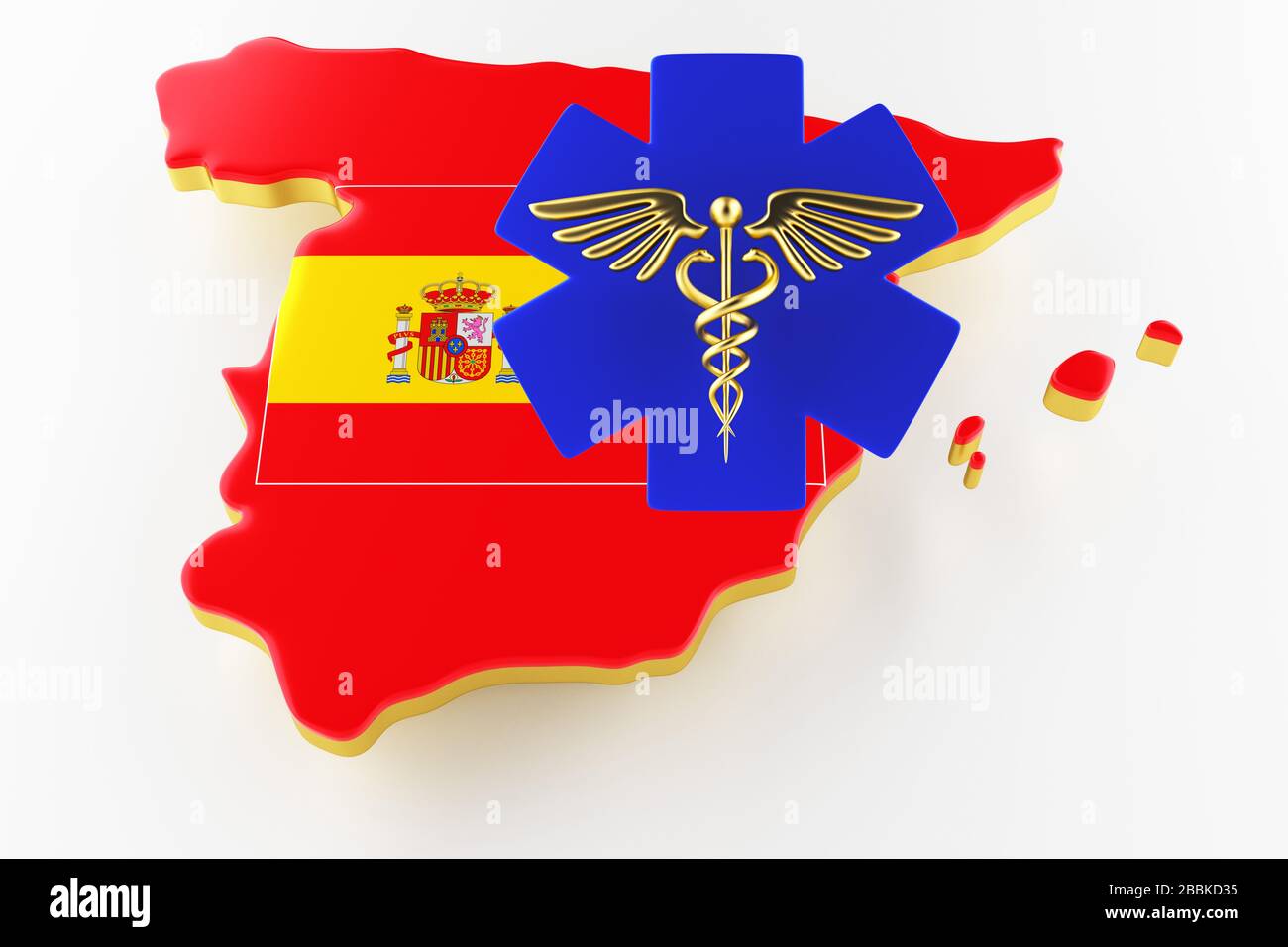 Caduceus sign with snakes on a medical star. Map of Spain land border ...
