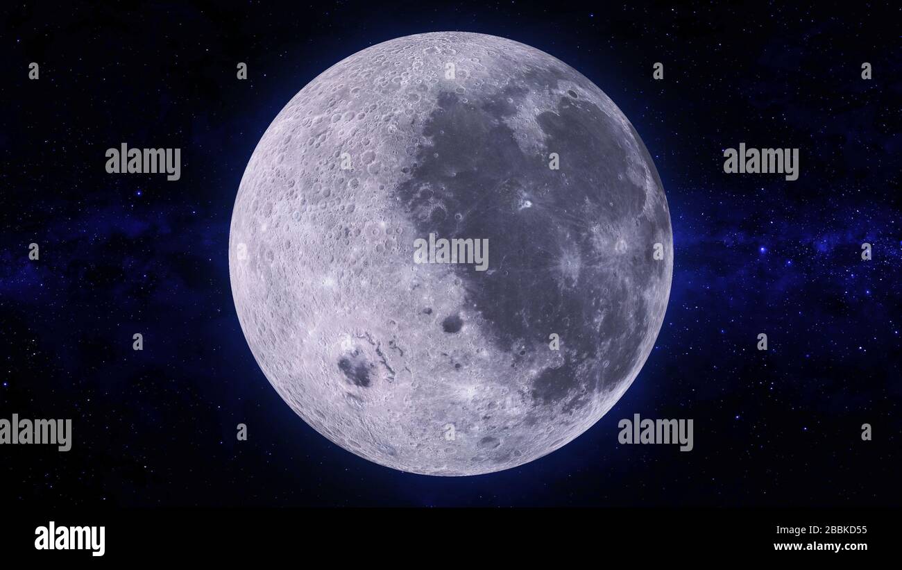 Full pink and blue moon with star at dark night sky background. 3D ...