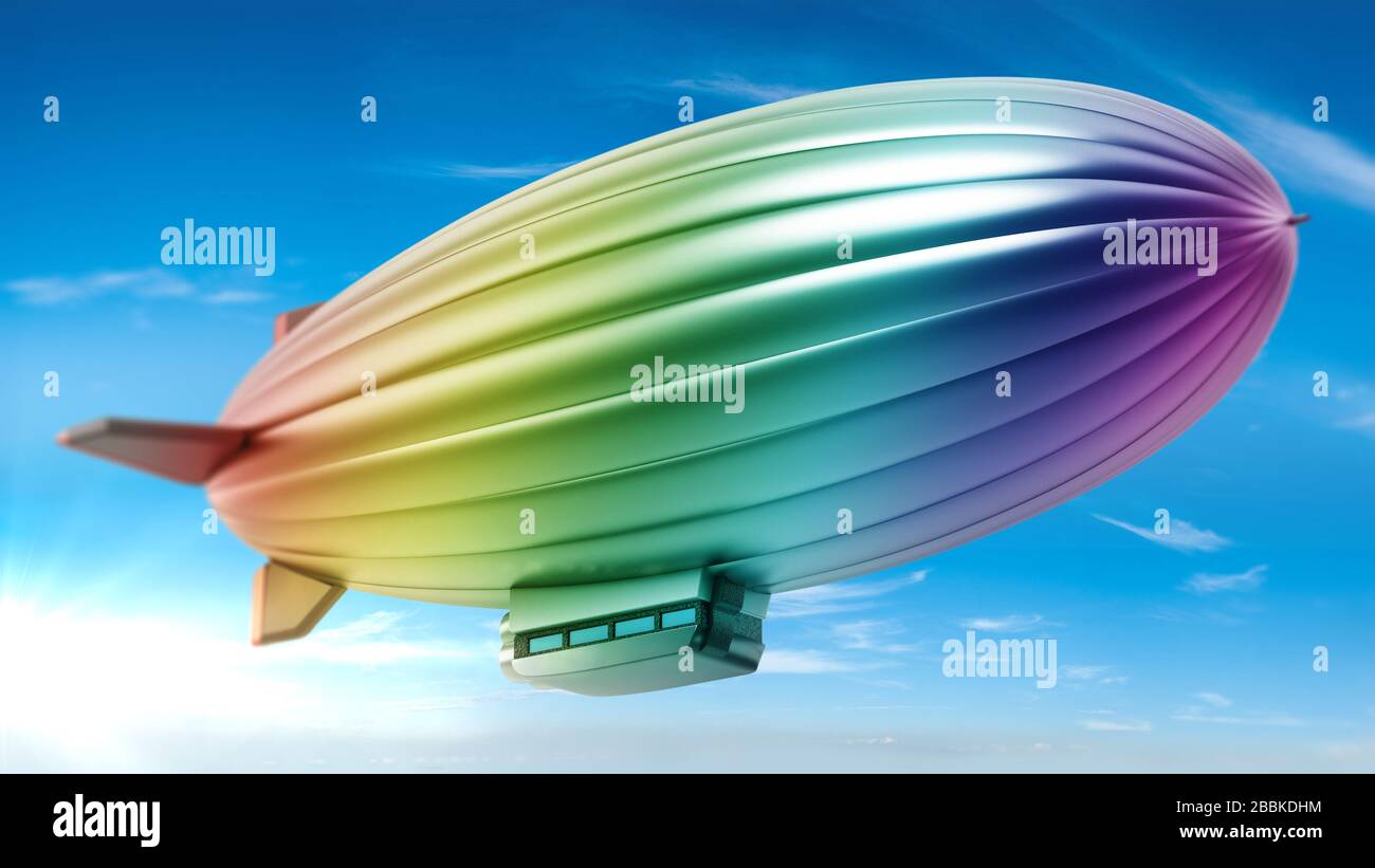 Rainbow colored zeppelin in the air. 3D illustration Stock Photo - Alamy