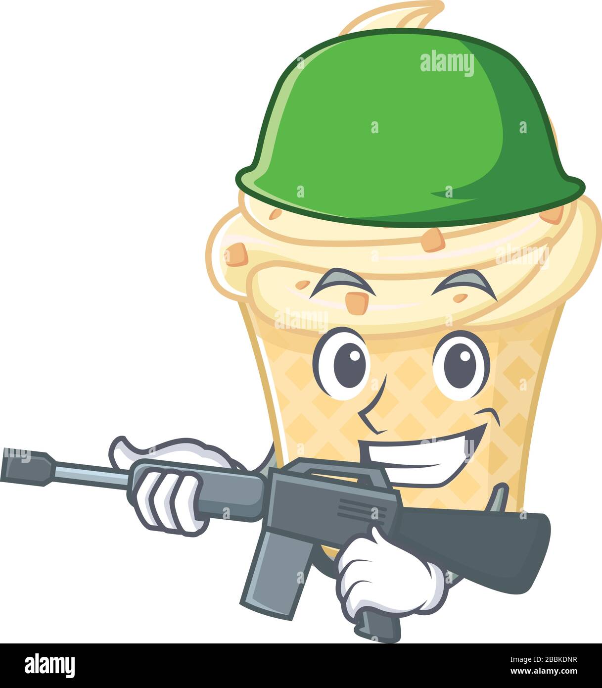A cartoon picture of vanilla ice cream in Army style with machine gun ...