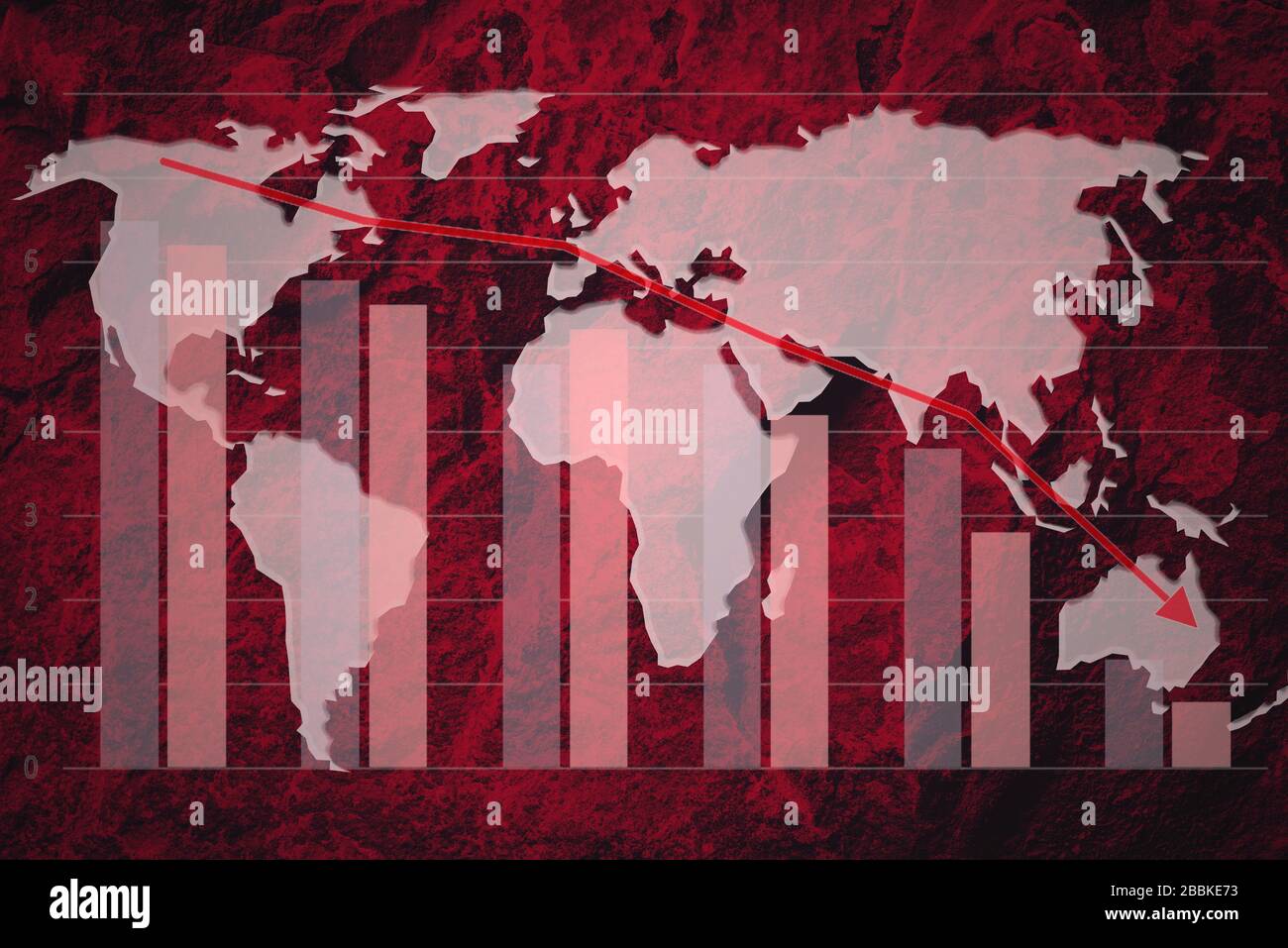 Composite image of global crisis economy - red toned grunge world map ...