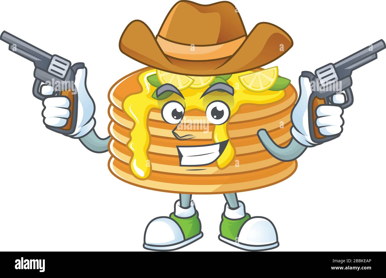 A cowboy cartoon character of lemon cream pancake holding guns Stock ...