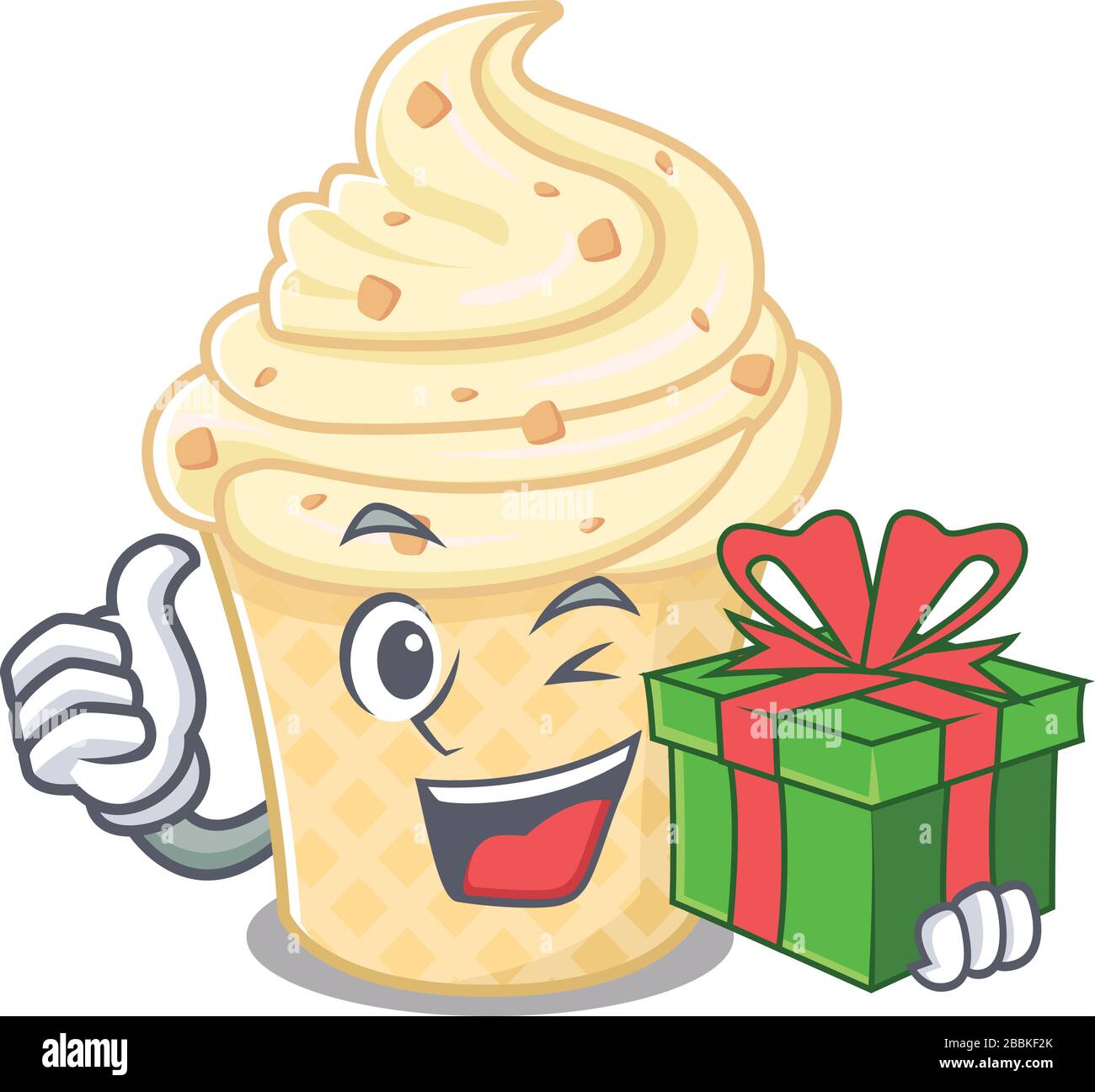 Smiling vanilla ice cream cartoon character having a green gift box ...