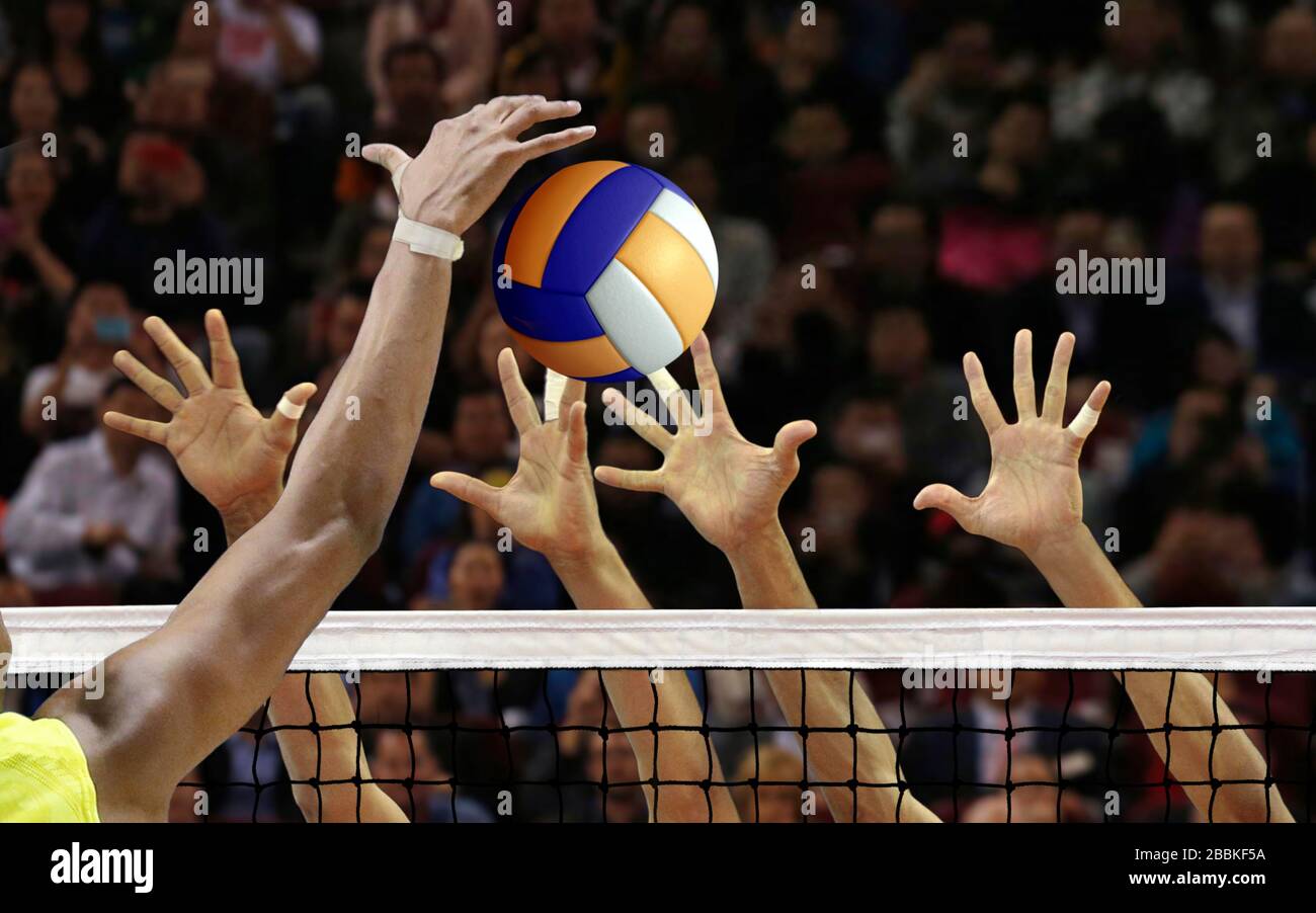 Volleyball spike blocking in front of the net Stock Photo - Alamy