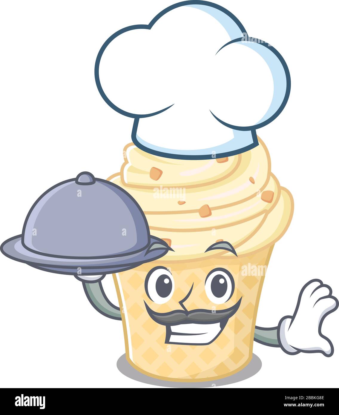 Vanilla ice cream chef cartoon character serving food on tray Stock ...